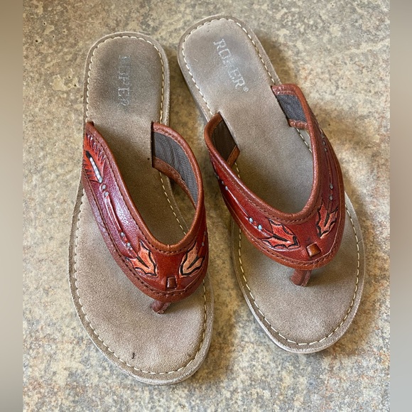 Roper | Shoes | Roper Tooled Leather Slip On Flip Flop Sandals With ...
